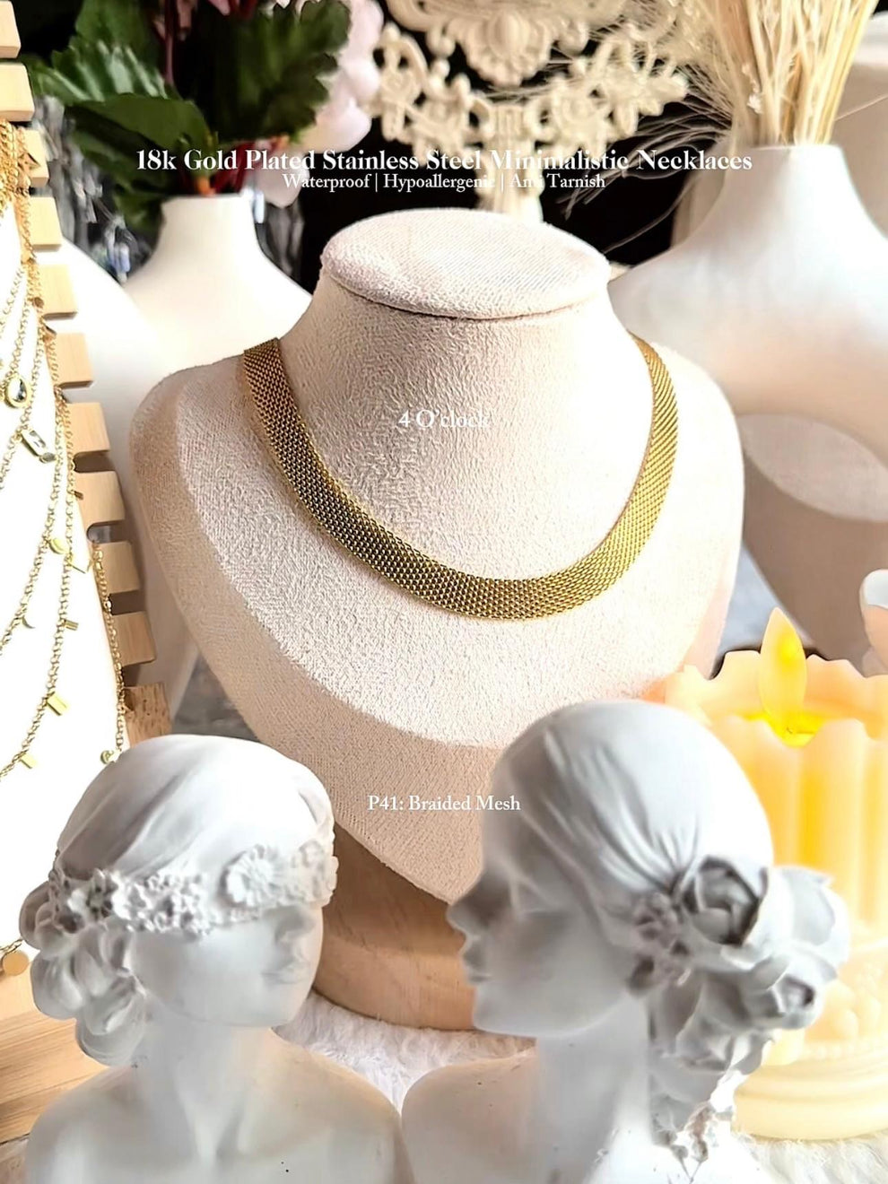 P41: 18k Gold Plated Stainless Steel Pendant:Braided Mesh – 4 O'clock