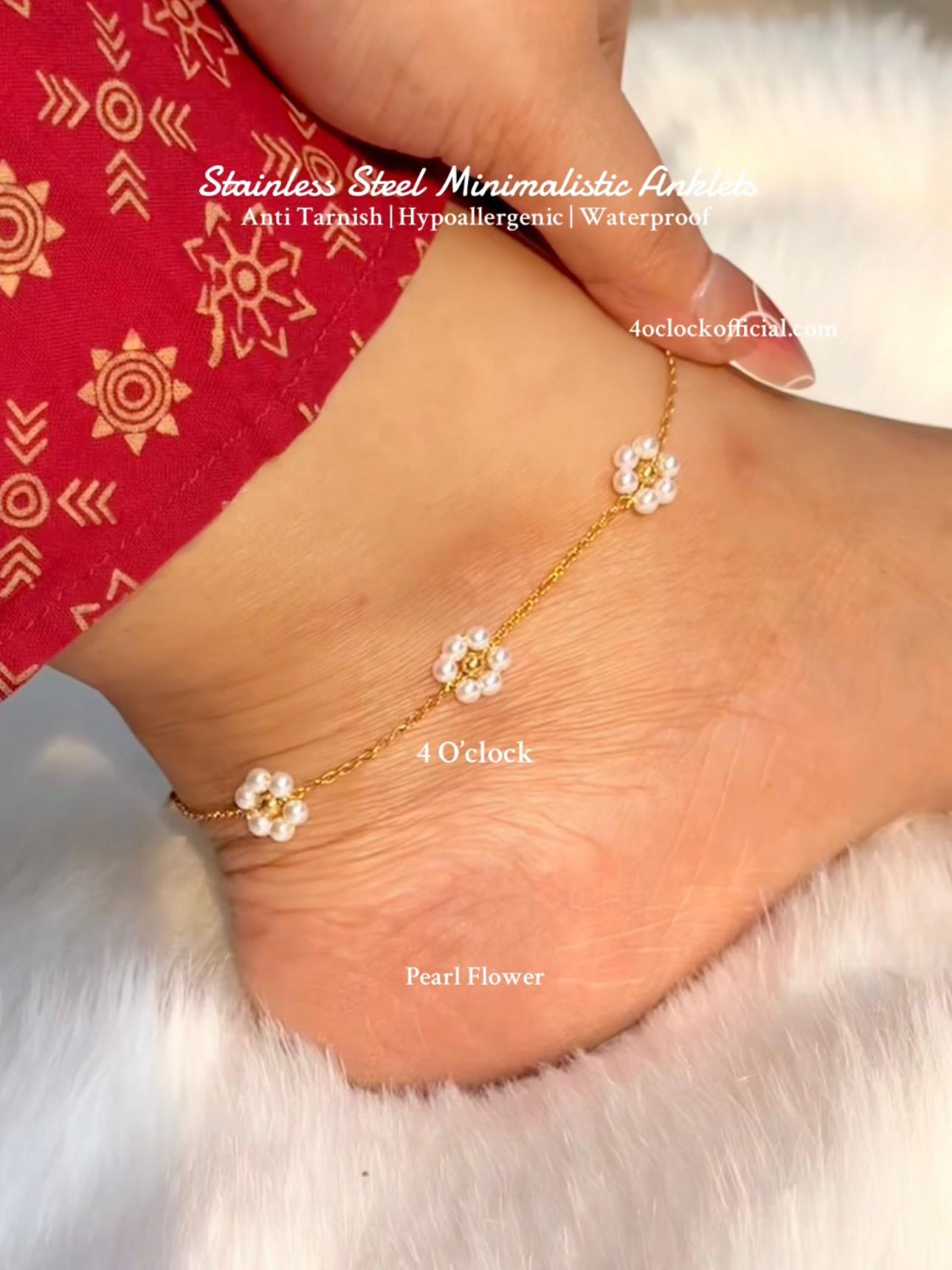 18k Gold Plated Stainless Steel Anklet: Pearl Flower – 4 O'clock